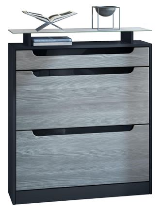 Vladon Schuhschrank Fiesta, Schwarz matt/Avola-Anthrazit/Schwarz Hochglanz - Schuhkipper für 16 Paar Schuhe (89 x 104 x 23 cm)