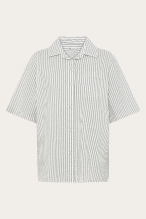 Knowledge Cotton Apparel Damen vegan Hemd Loose Seersucker Kurzarm Grau Gestreift