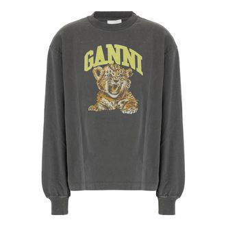 Ganni Logo Langarm-T-Shirt Mit Future Tiger Print - - Tops - Herren - Grau - M
