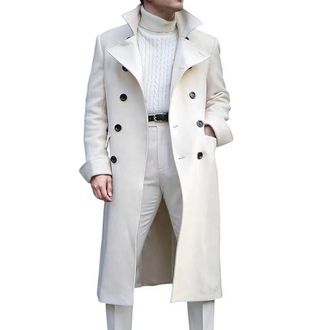 Generic Trench long &agrave; revers crant&eacute; &agrave; double boutonnage pour homme Grande taille Classique D&eacute;contract&eacute; mi-long Manteau dhiver, blanc, XXL