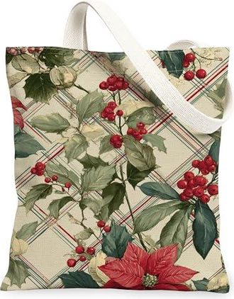 Generic Sacs fourre-tout en toile de No&euml;l &agrave; motif floral vintage, r&eacute;utilisables, l&eacute;gers et lavables avec bandouli&egrave;re pour vacances, voyage, pique-nique, 33 x 