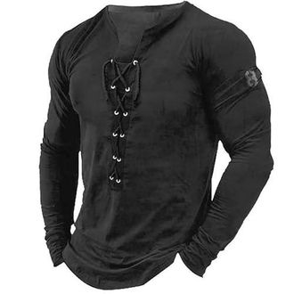 Generico Henley Chemise &agrave; lacets pour homme - Chemise d&eacute;t&eacute; respirante - Avec boutonni&egrave;re - Coupe droite - Manches longues - Style britannique - Lin - Chemisier