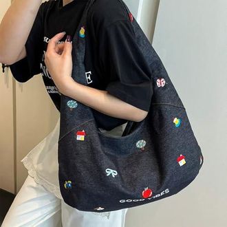 Generic Sac fourre-tout en denim brodé coréen pour femme - Grand sac fourre-tout Capaci Commuter Denim Oulder, b, 39.0*28.0*1.0