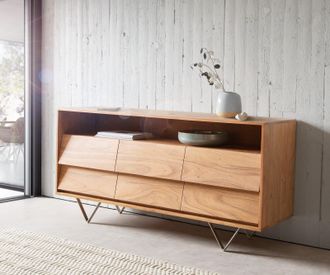 DELIFE Sideboard Eloi 145x40 cm Akazie Natur 6 Schubladen V-Fuß Edelstahl, Sideboards