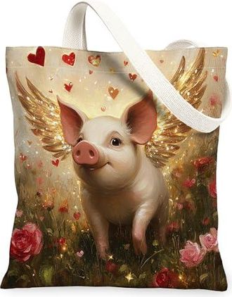 Generic Sac fourre-tout en toile de cochon pour le shopping 33 x 38 cm, sac d&eacute;picerie r&eacute;utilisable pour la Saint-Valentin, motif animal de voyage, d&eacute;coration 