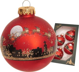 Krebs Glas Lauscha Weihnachtsdekoration/Christbaumschmuck aus Glas - Rote Weihnachtskugeln - Motiv: Santa Flying Over The City - 4 Stück - Größe: 7cm
