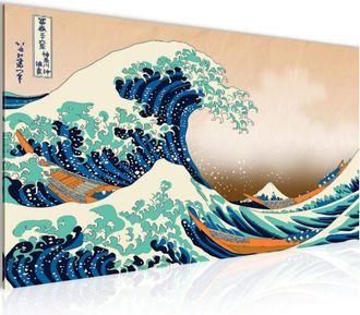 Runa Art Wandbild Katsushika Hokusai 1 Teilig 100 x 40 cm Modern Bild auf Vlies Leinwand Wellen Japan Wohnzimmer Schlafzimmer Blau 035112a