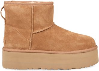 UGG Womens Classic Mini Platform Ankle Boots Camel Sheepskin; Suede; Fleece