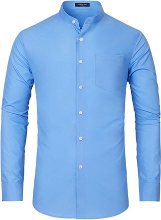Hisdern Herren Hemd Langarm Blau Businesshemden Freizeithemden für Herren Ohne Kragen Oberhemd Button Down mit Tasche für Formelle Hochzeit 4XL