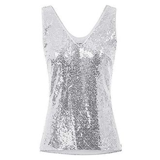 Grace Karin Femme Débardeur Gilet a Paillettes sans Manche Slim Brillante Sequins Club Danse Bal Soiree Veste Argent M CL80-1