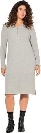 Ulla Popken Rippjersey-Midikleid, Zipper, A-Linie, V-Ausschnitt, Langarm Robe, Mélange de Gris Clair, 52-54 Femmes