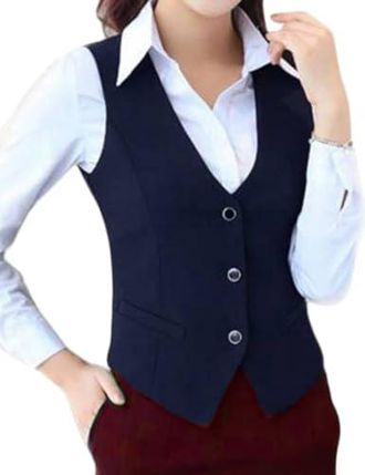 ORANDESIGNE Femme Gilet de Tailleur sans Manche Couleur Unie Gilet de Costume sans Manche Col V Slim Fit Rétro Vintage Vêtements Affaires Travail E Bleu Marine XS
