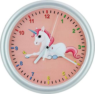 SELVA Selva Kinderwanduhr - Einhorn-Motiv - ABS-Geh&auml;use - Plastikglas - GER&Auml;USCHLOS - F&uuml;r M&Auml;DCHEN geeignet - Geh&auml;use-&Oslash;: 25 cm