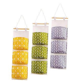 DOITOOL 3 S&auml;tze H&auml;ngeaufbewahrungstaschen f&uuml;r Wand und T&uuml;r Baumwoll leinen Material F&auml;cher Organizer in Gr&uuml;n Gelb Multifunktionale Haushaltsaufbewahrung f&uuml;r S