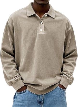 Generic Chandails en polaire pour homme, chemises &agrave; manches longues en coton &agrave; col standard 1/4 de bouton, coupe d&eacute;contract&eacute;e, couleur unie, haut thermique d&eacute;