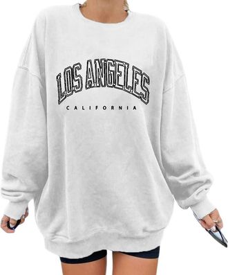 Minetom Pullover Damen Herbst Sweatshirt ohne Kapuze Los Angeles Vintage Drucken Oversized Langarmshirt Rundhals Pulli Oberteile Tops &uuml;bergro&szlig;e A Wei&szlig; XL