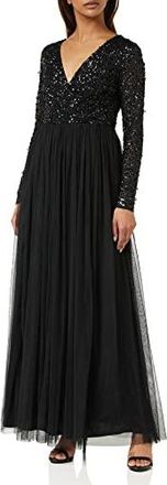 Maya Ladies Maxi Dress Women with Long Sleeves V Neckline Plunging Sequin Embellished for Wedding Guest Bridesmaid Prom Robes, Black, 42 aux Femmes