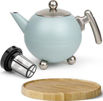 Bredemeijer Edelstahlkanne 1.2 Liter - gro&szlig;e hellblaue Kugel-Teekanne doppelwandig Set mit Filter-Sieb-Aufsatz & braunem Holzuntersetzer - ideal f&uuml;r lose Teesorte
