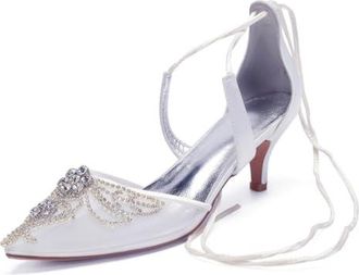 Generic Chaussures De Mariage Mariée Femme Talons Bout Pointu Élégantes Mariée Satinée Eté Talon Mariage Soirée Chaussures Femmes 6Cm,Blanc,37 EU