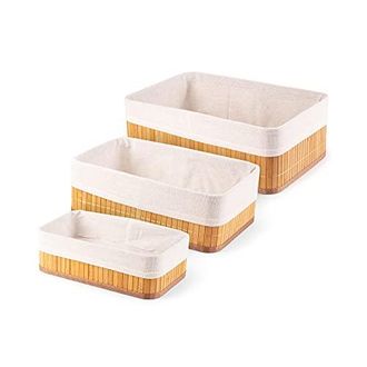 Compactor Set of 3 Bamboo Storage Baskets, Natural Bamboo, Fabric Lining, Large 33 x 23 x 12 cm, Medium 29 x 19 x 10 cm, Small 25 x 15 x 8 cm, Brown, RAN10569