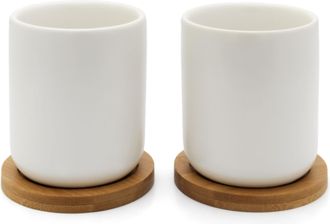 Bredemeijer wei&szlig;e Keramik Teebecher 2-teilig mit Untersetzer aus Holz