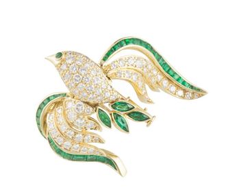 Bespoke Yellow Gold Bird Brooch with Emeralds & Diamonds