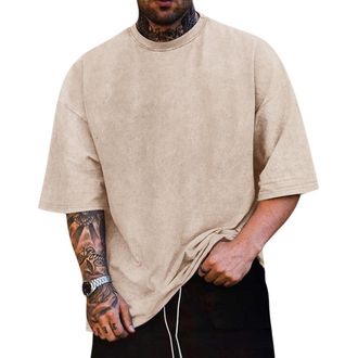 Minetom Herren Sommer T-Shirt Oversize Fit Kurzarm Oberteil Mit Rundhals Retro Washed Weit Geschnittenes Tee Einfarbig Basic Shirt T Shirts M&auml;nner Longshirt A