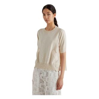 Meimeij Femme, Pulls, Beige, Taille: 42 FR Tricot &agrave; Manches Courtes et Col Rond avec Inserts de Tissu au Dos