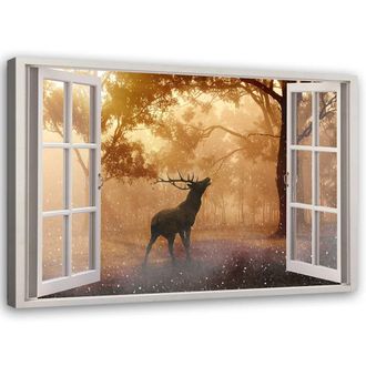 Feeby Bilder - Foto Geschenk - Fensterblick Hirsch im Wald - 90x60 cm 1tlg - Leinwandbilder Wohnzimmer - Wandbild über dem Bett - Bild Schlafzimmer - Aesthe