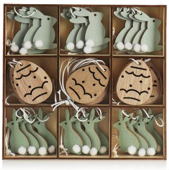 Com-Four 36x Dekoaufhänger Ostern - Osterschmuck aus Holz zum Aufhängen - Holzaufhänger für den Osterstrauß - Hasen und Eier (36 Stück - Ostermix - grün)