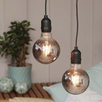 Hellum 151442 Lot de 2 suspensions vintage pour extérieur, gris fumé, avec minuterie et variateur dintensité, verre rond G95, Ø 9,5 x 13,7 cm, 2 ampoules ave