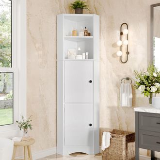 Generic Eckschrank Badezimmerschrank Wei&szlig; Lackiert Badm&ouml;bel Stehend MDF mit 2 T&uuml;ren & Offenen F&auml;chern Platzsparendes Eckregal Nischenschrank f&uuml;r Bad, K&uuml;che & 