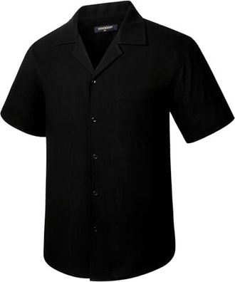 Hisdern Noir Chemise Lin Homme Manche Courte Été Couleur Unie Chemise avec Poche Avant Button Down pour Vacances Plage 2XL