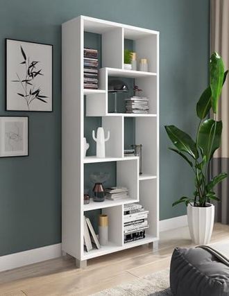 Dmora Zick-Zack-B&uuml;cherregal mit 8 Regalen, Regal kann vertikal und horizontal positioniert werden, B&uuml;roregal, 69x30h160 cm, Farbe Wei&szlig;