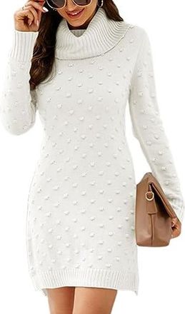 Onsoyours Robe Pull Femme Hiver Casual Manches Longues Col Roul&eacute; Pull Uni Robe Pull Mini Robe &Eacute;l&eacute;gante Tricot Grossier B Blanc S