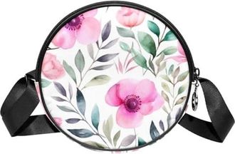Generic Petit sac &agrave; bandouli&egrave;re circulaire pour femme, motif feuilles florales, sac &agrave; dos avec fermeture &eacute;clair, bretelles r&eacute;glables, sac &agrave; main rond d&eacute;contra