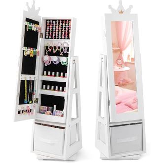 Costway Costway - Armoire &agrave; Bijoux Enfant avec Miroir & Base Pivotante, Organisateur &agrave; Bijoux en Motif Couronne avec Bac en Tissu & &Eacute;tag&egrave;re, Dispositif