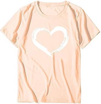 Generic Chemisier uni à manches courtes pour femme - Col rond - Imprimé en forme de coeur - Chemisier décontracté - Vêtements pour la vie quotidienne - Cadeau