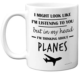 Stuff4 Aviation Gifts - In My Head Im Thinking About Planes Mug - Cadeau amusant Spitfire pour homme, cadeau davion pour pilotes, 325 ml - Passe au lave-vais