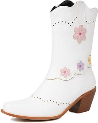 Generic Bottines western cowgirl pour femme avec motif floral brodé à bout carré et talon bloc bas, blanc, 39.5 EU