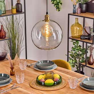 HOFSTEIN H&auml;ngeleuchte Koyoto, 1-flammige H&auml;ngelampe aus Metall/Glas in Goldfarben/Klar, moderne Pendelleuchte im Retro/Vintage-Design (Schirm &Oslash; 30 cm), E27, Es