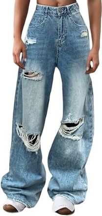 Generic Pantalon cargo Y2k Streetwear vintage ample pour femme - Taille haute - Pantalon baggy en jean - Jambe large - Pantalon droit déchiré - Pantalon décon