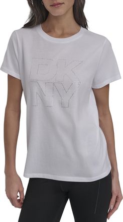 DKNY Womens Stacked Rhinestone Outline Graphic Crew Neck Tee T-Shirt, White and Silver, Large