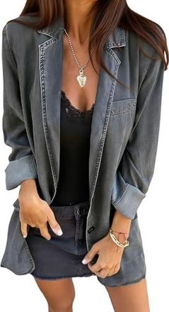Generic Blazer tendance en jean ouvert sur le devant pour femme, l&eacute;ger, d&eacute;contract&eacute;, automne, printemps, travail, bureau, gris, 4XL