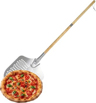Relaxdays Pizzaschieber, perforiert, Abnehmbarer Holzgriff, 132 cm L&auml;nge, Pizzaschaufel, Aluminium & Edelstahl, Silber