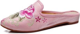 Generic Mules plates chinoises brodées en flanelle de coton pour femme - Bout pointu - Chaussures dété décontractées et confortables avec broderie, rose, 37 E