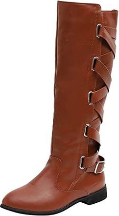 Generic Bottes dhiver pour femme - Imperm&eacute;ables et plates - Tige longue - Confortables - Pour lext&eacute;rieur - Bottes dhiver chaudes en cuir avec semelle antid&eacute;ra