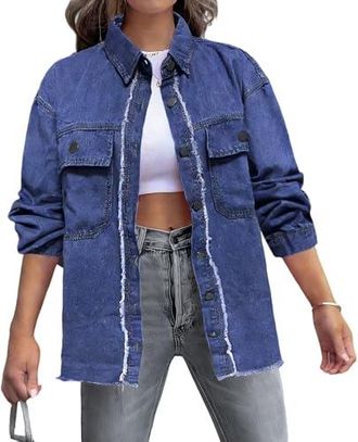 Generic Veste en jean surdimensionn&eacute;e d&eacute;contract&eacute;e &agrave; manches longues avec ourlet effiloch&eacute; pour femme, bleu, XXL