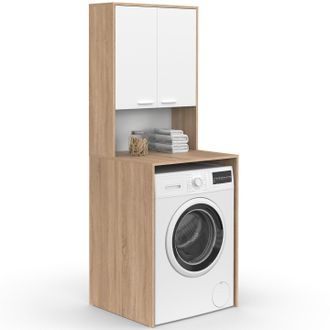 IDMarket Waschmaschinenunterschrank Wallis mit Schrank in Buche-Optik und Wei&szlig;