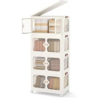 Costway Bo&icirc;te Rangement Plastique 212 l, 4 Caisses Pliables avec Couvercles, 4 Roulettes, Boite de Rangement Empilable pour V&ecirc;tement, Livres, Jouets